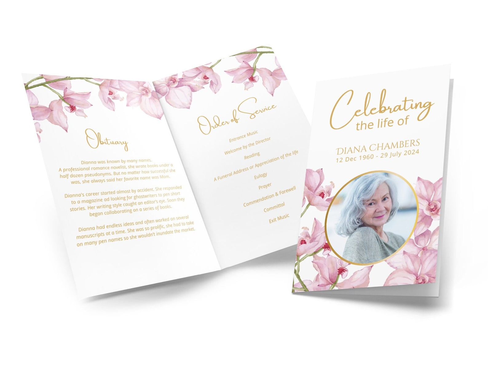 Orchid Funeral Program, Celebration of Life Order of Service, Pink ...