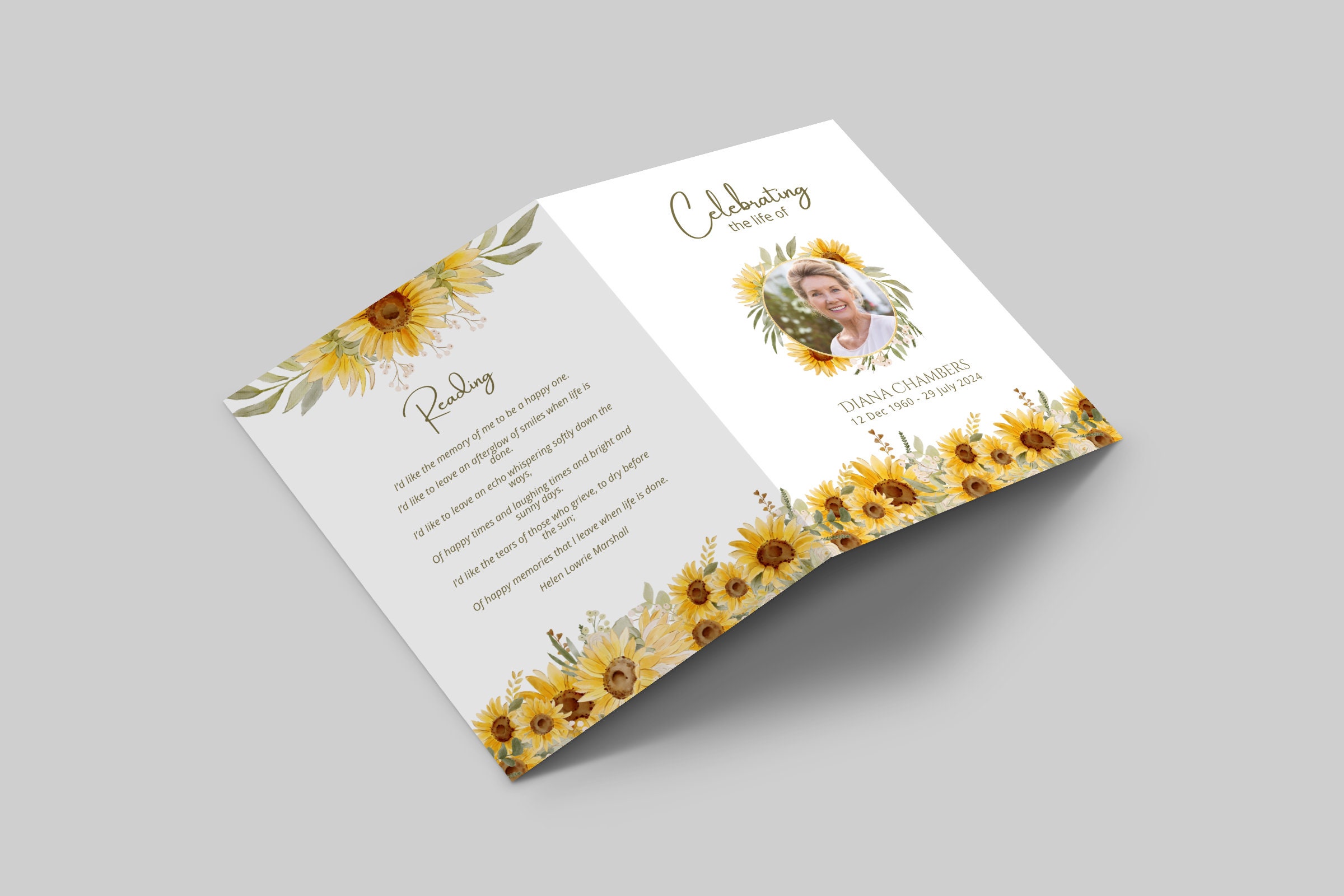 Editable Sunflower Funeral Program, Celebration of Life Order of ...
