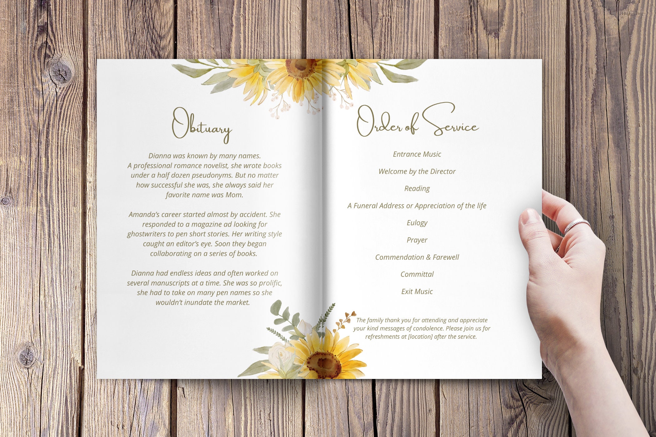 Editable Sunflower Funeral Program, Celebration of Life Order of ...