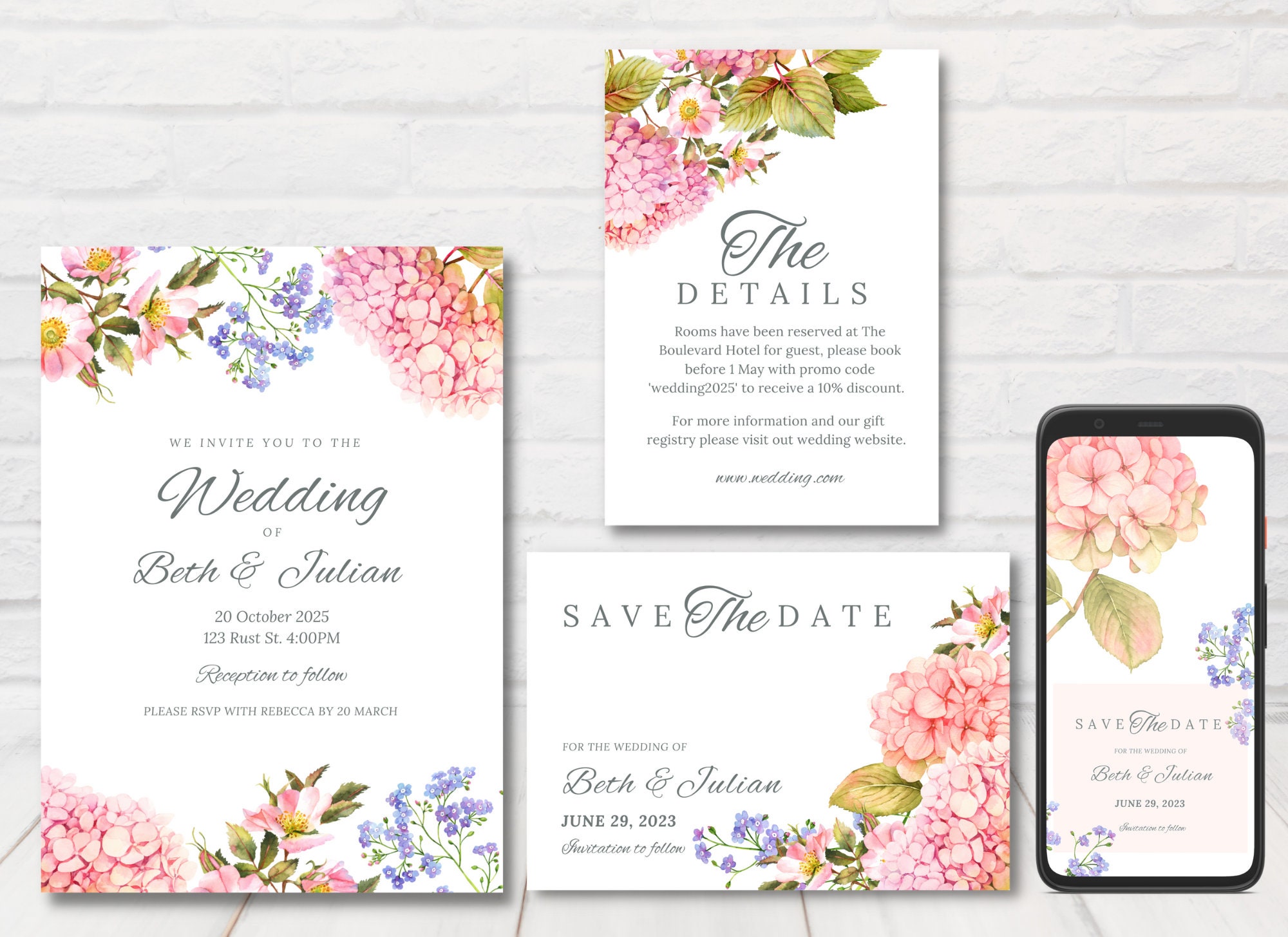 Pink Hydrangea Wedding Invitation Set, Printable Wedding Invitation ...