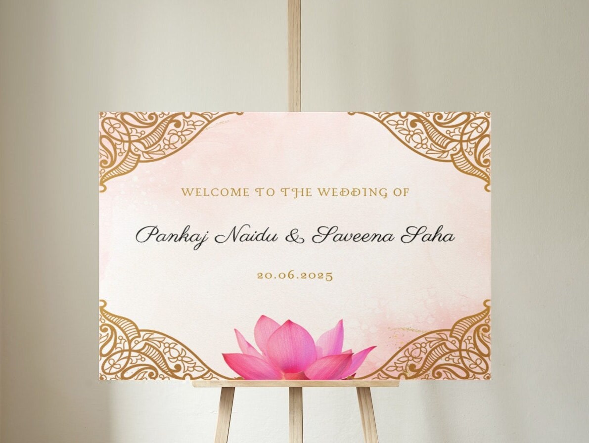 Pink Lotus Wedding Welcome Signs Set of 4, Indian Wedding Signs, Pink ...