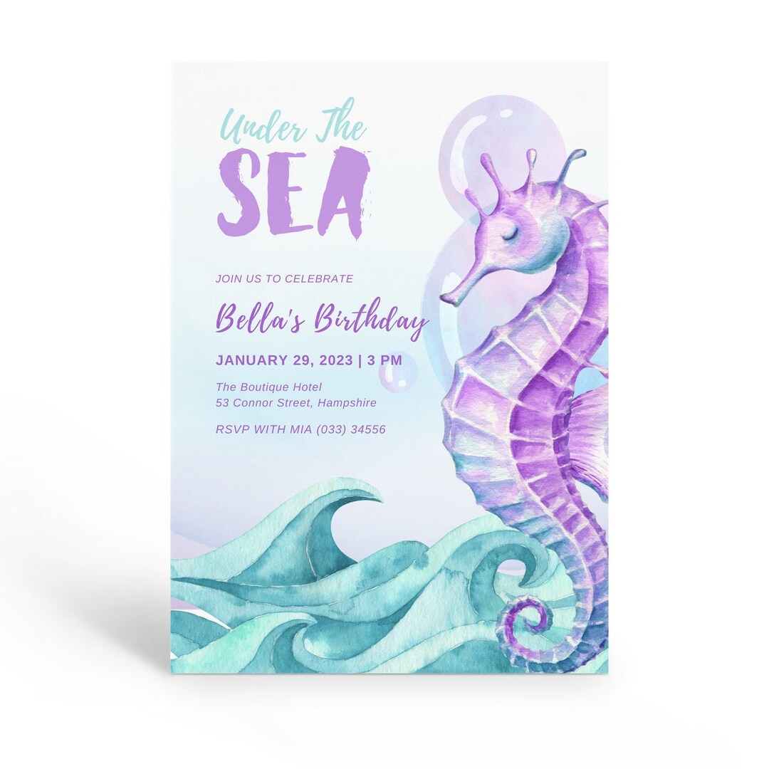 Printable Seahorse Invitation, Ocean Birthday Invite, Under the Sea ...