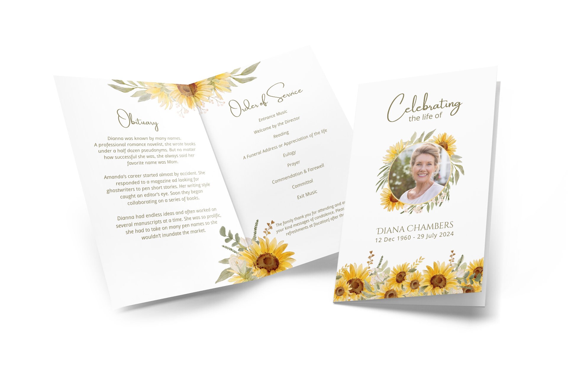 Editable Sunflower Funeral Program, Celebration of Life Order of ...