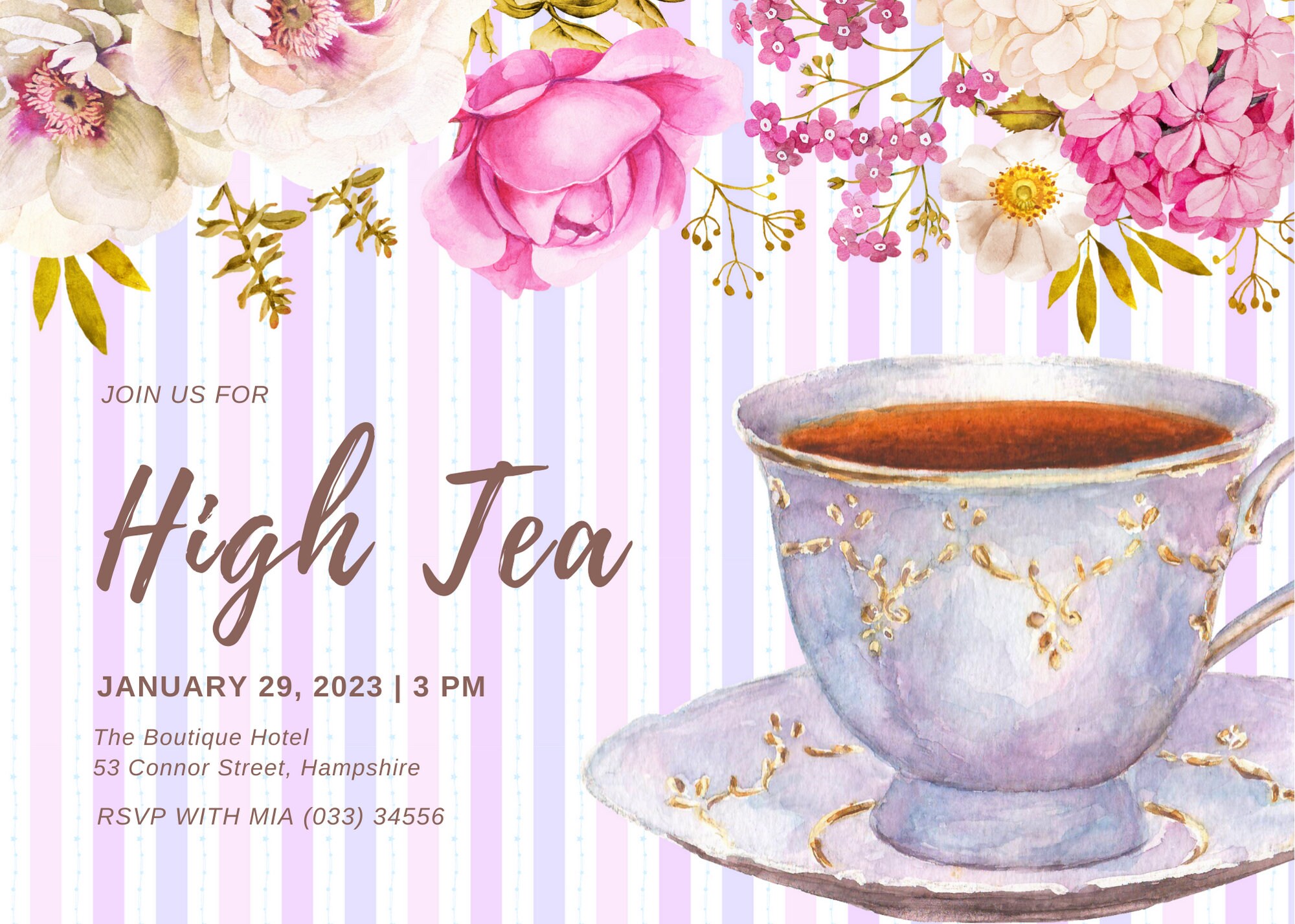Printable High Tea Birthday Invite, Pastel Tea Party Invitation, Floral ...