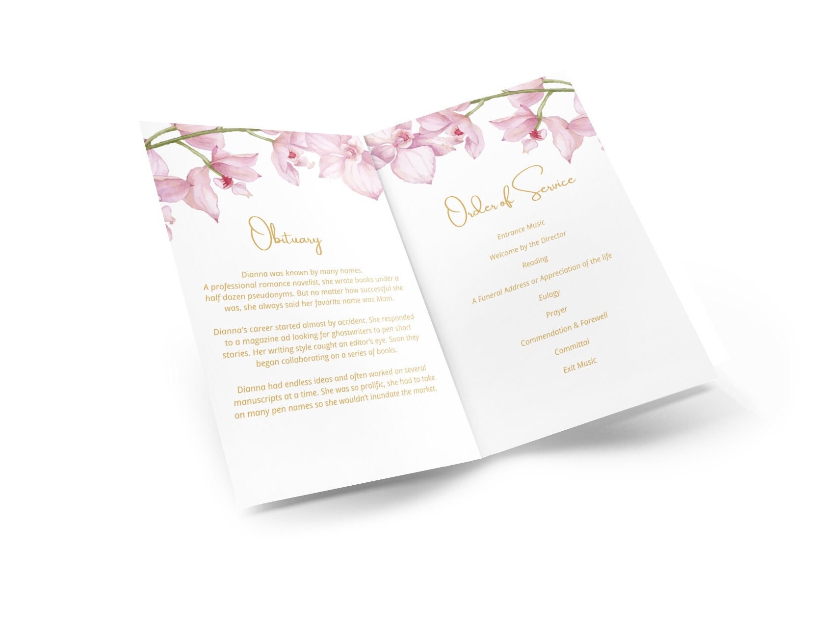 Orchid Funeral Program, Celebration of Life Order of Service, Pink ...
