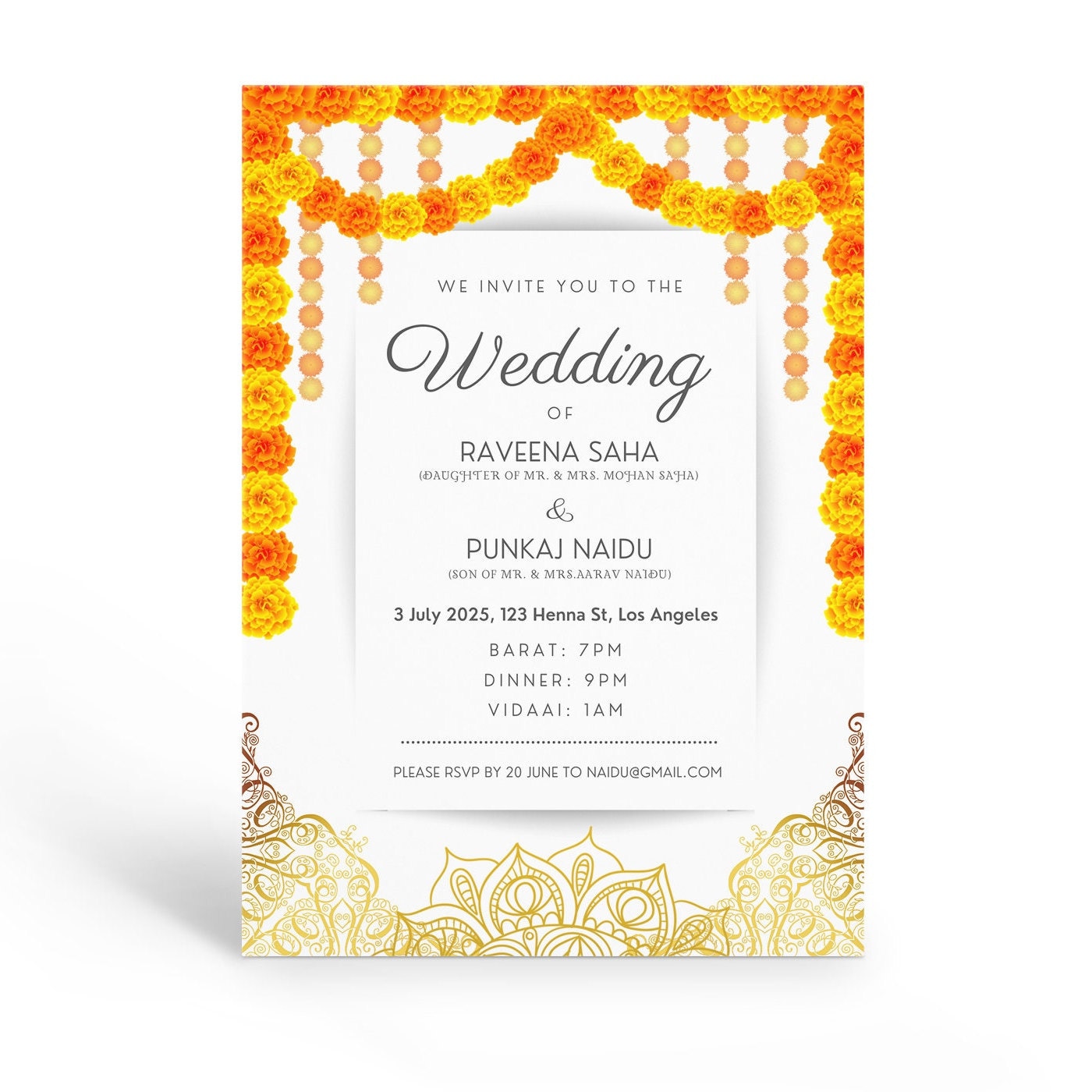 Marigold Indian Wedding Invitation Set, Hindu Wedding Invites, Gold ...