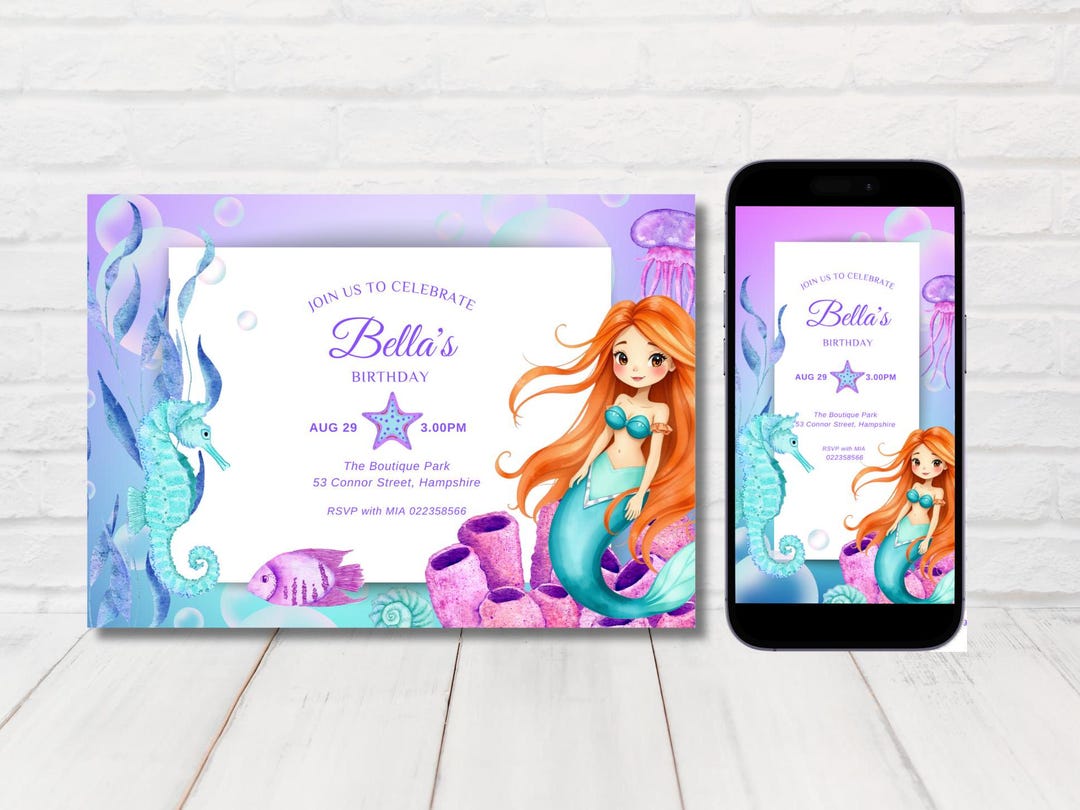 Girls Mermaid Birthday Invites, Mermaid Birthday Invitations, Under the ...
