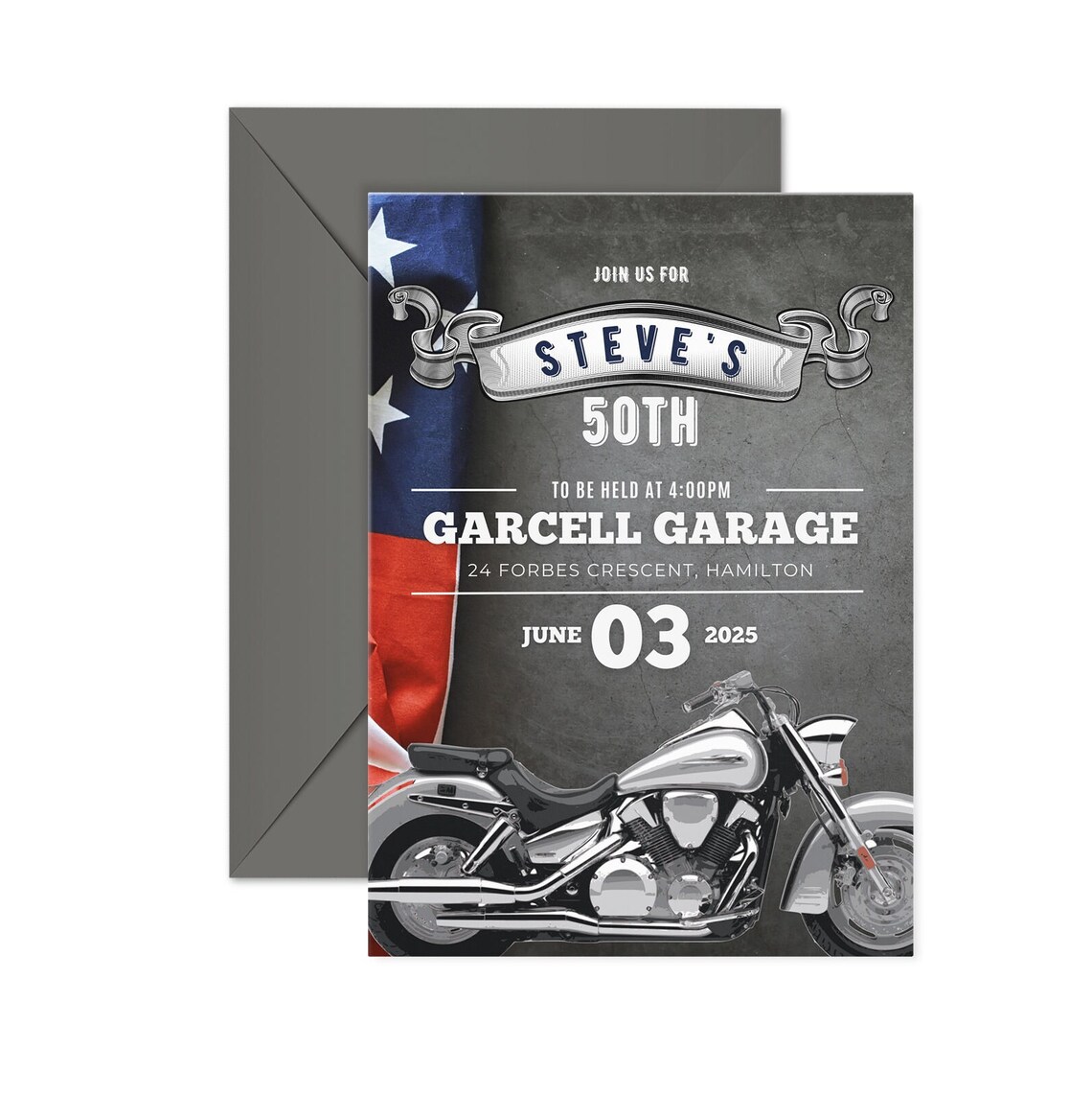 Motorcycle With American Flag Invite, Mens Motorcycle Birthday ...