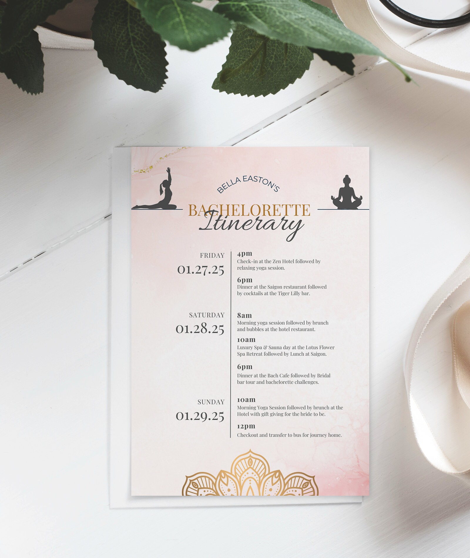 Yoga Weekend Bachelorette Invitation, Pink & Gold Yoga Bachelorette ...