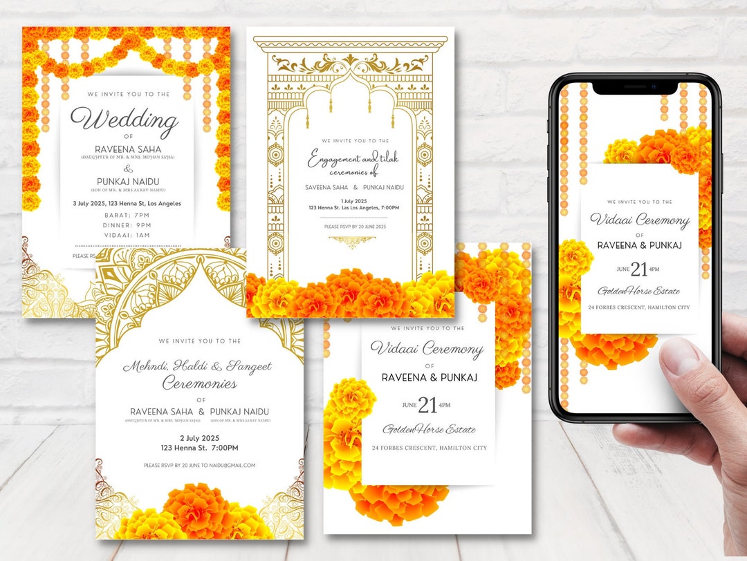 Marigold Indian Wedding Invitation Set, Hindu Wedding Invites, Gold ...