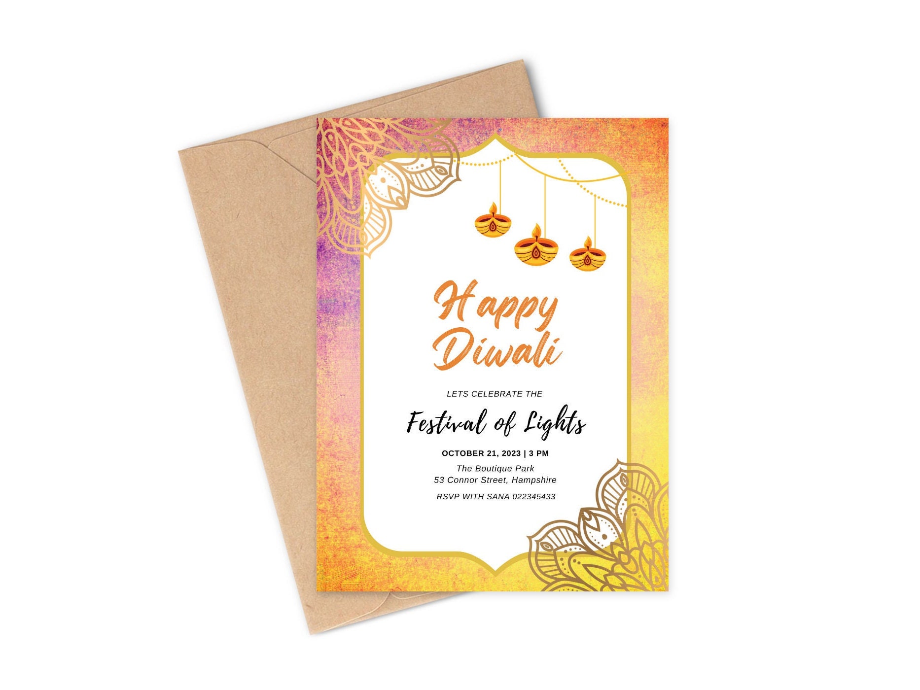 Printable Diwali Invitation, Orange Diwali Celebration Invite, Diwali ...