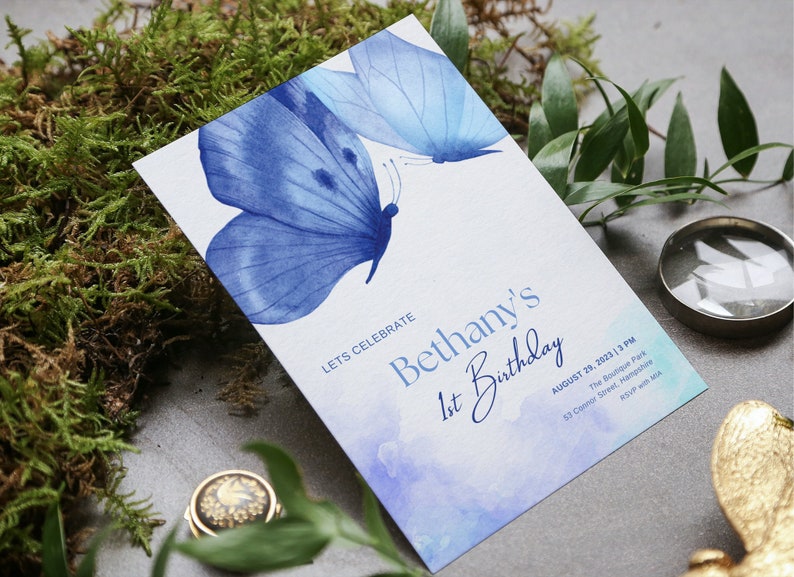 Blue Butterfly Birthday Party Invitation, Printable Butterfly Invite ...