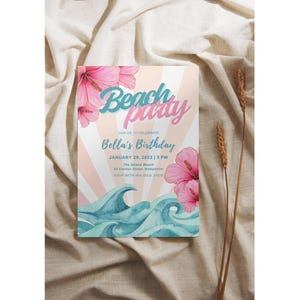 Retro Beach Party Invitation, Printable Beach Birthday Invite, Girls ...