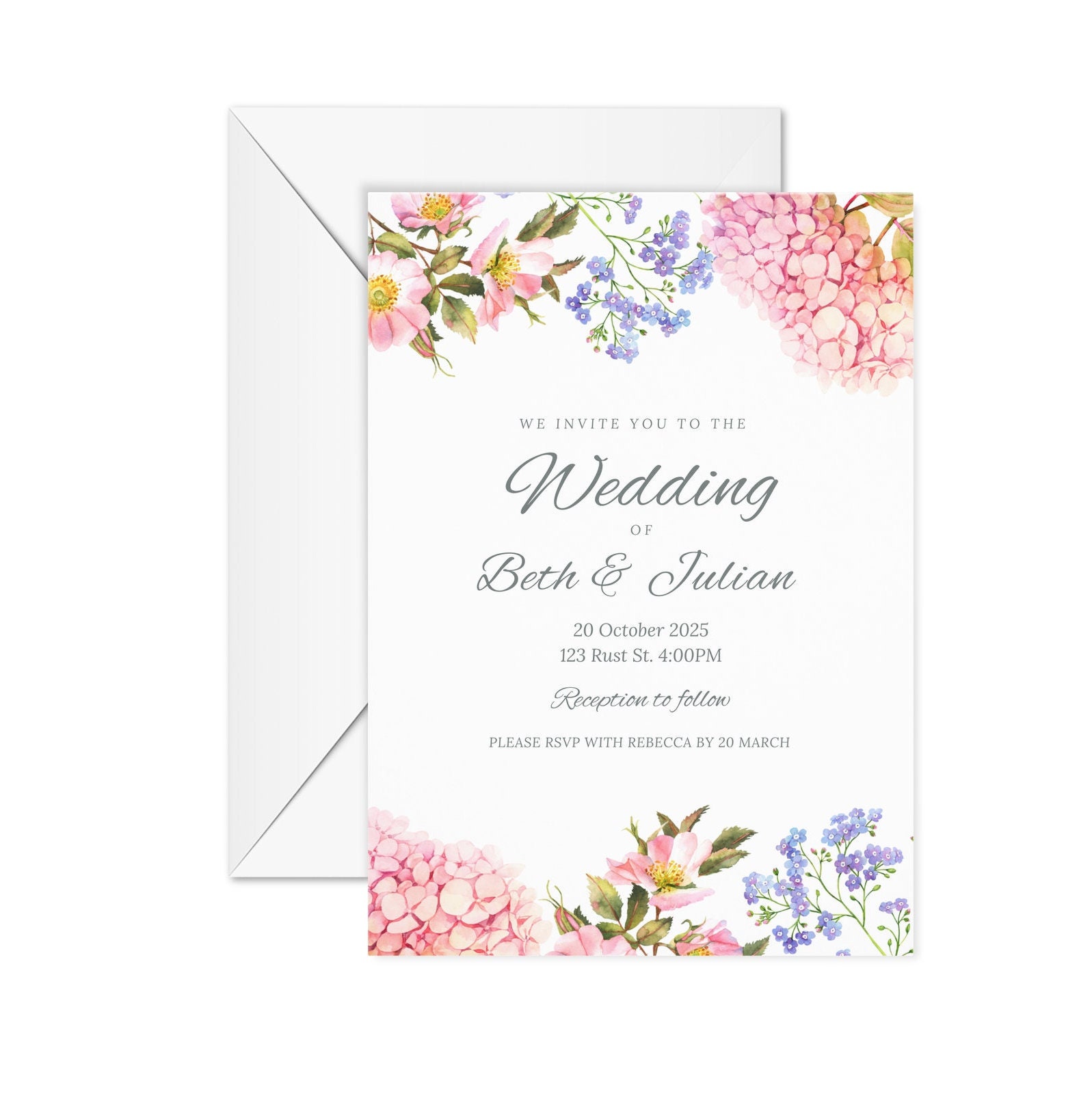 Pink Hydrangea Wedding Invitation Set, Printable Wedding Invitation ...