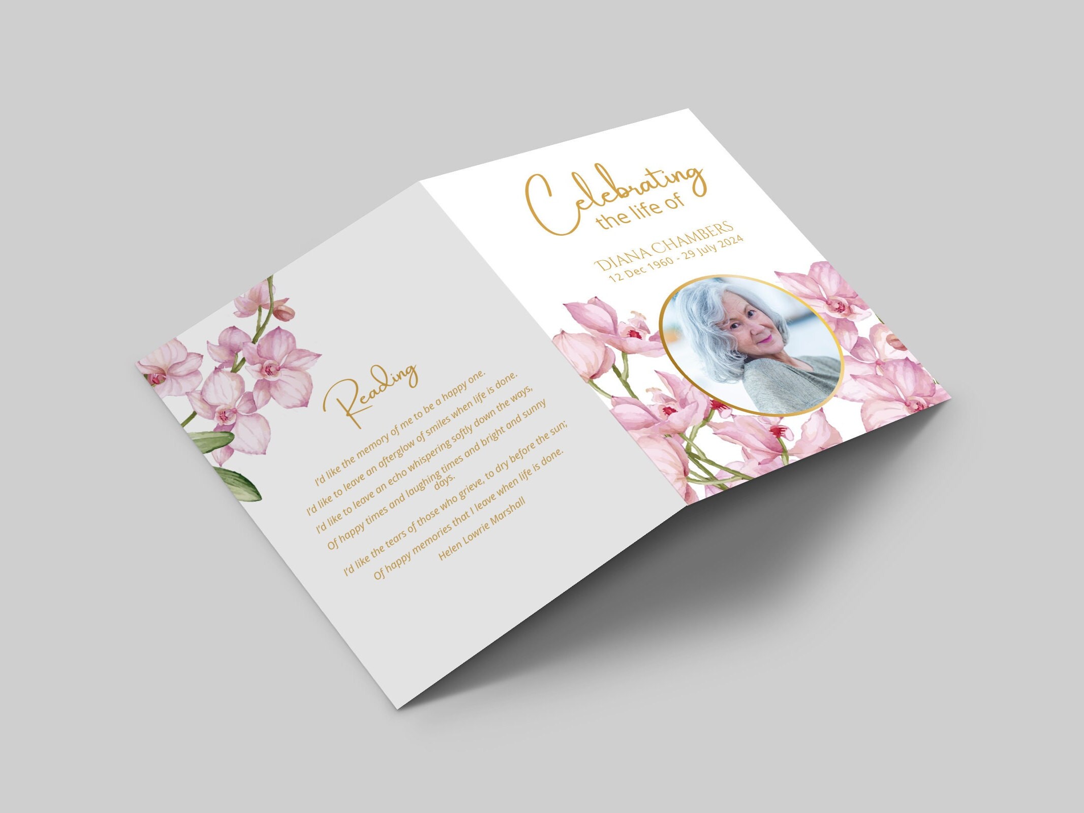 Orchid Funeral Program, Celebration of Life Order of Service, Pink ...