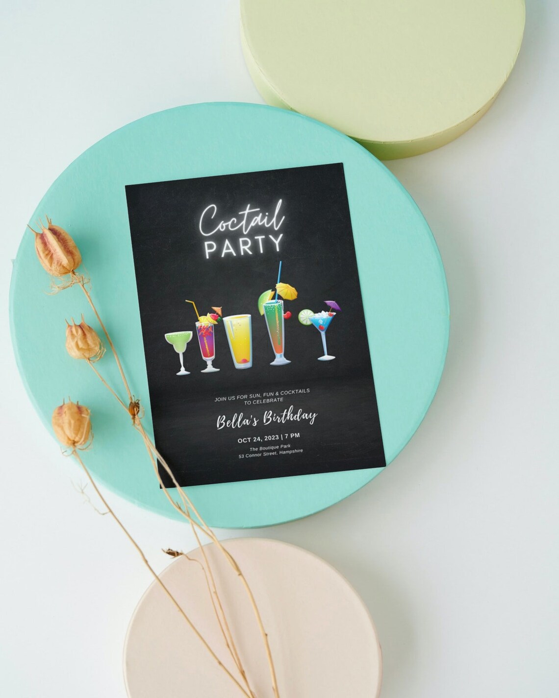 Printable Cocktail Party Invitations, Neon Drinks Party Invitation ...