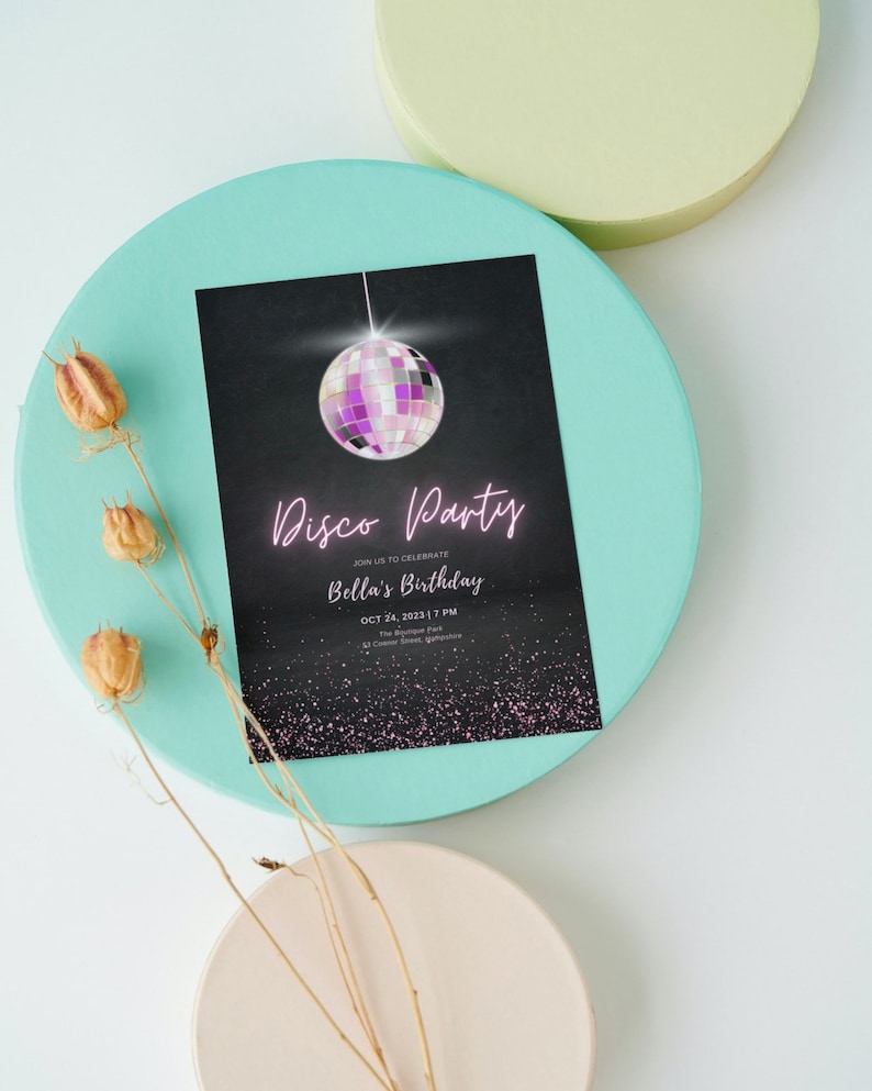 Pink Disco Invitation, Kids Disco Ball Birthday Invite, Printable Disco ...