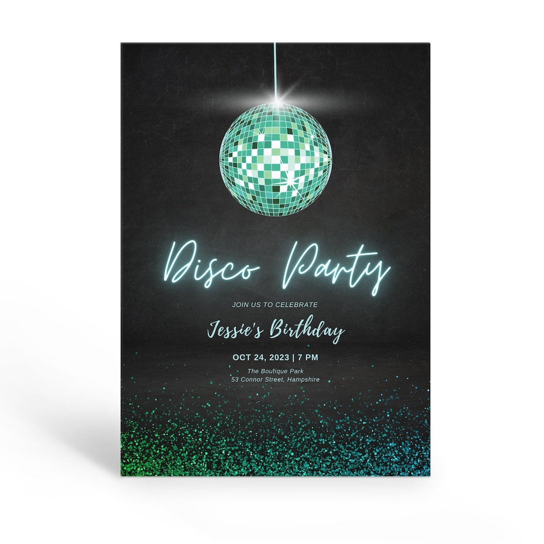 Green Disco Invitation, Kids Disco Ball Birthday Invite, Printable ...
