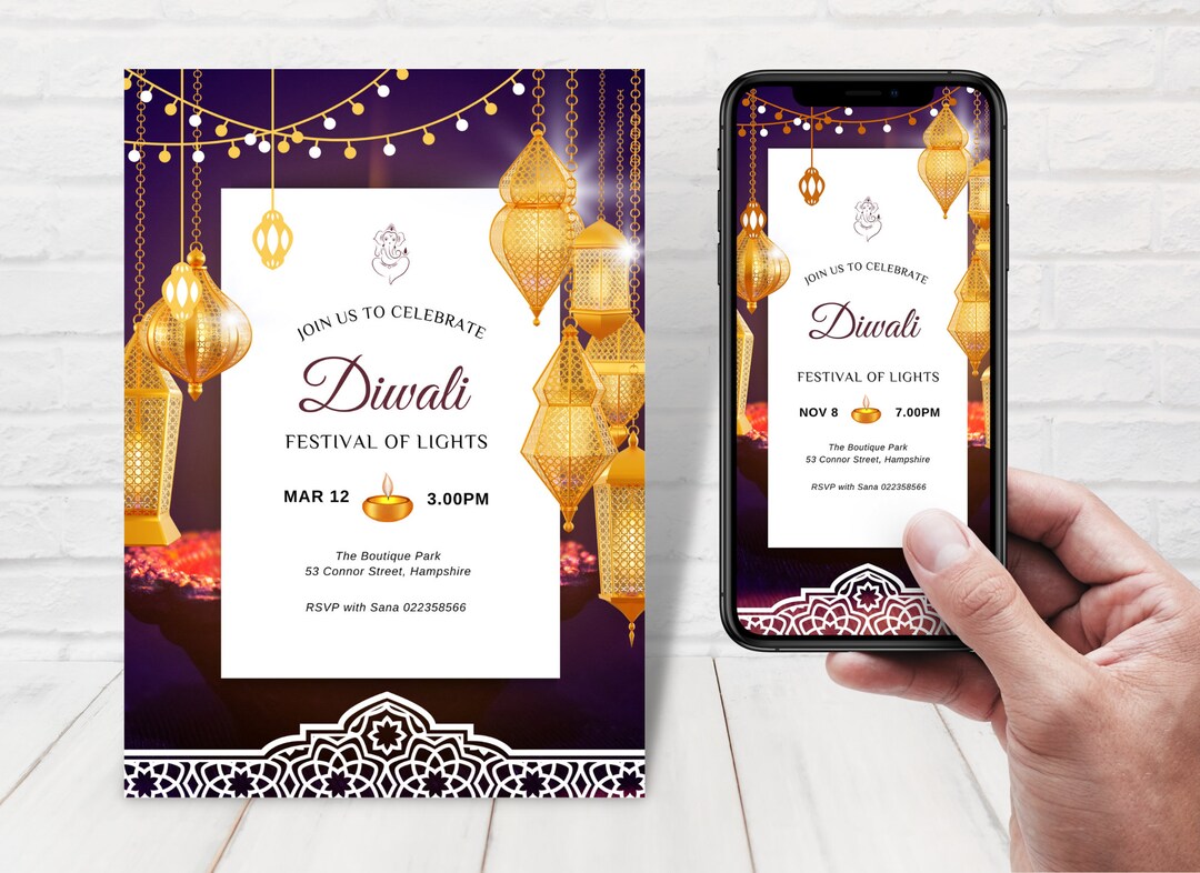 Purple and Gold Diwali Invitation Set, Diwali Celebration Invite ...