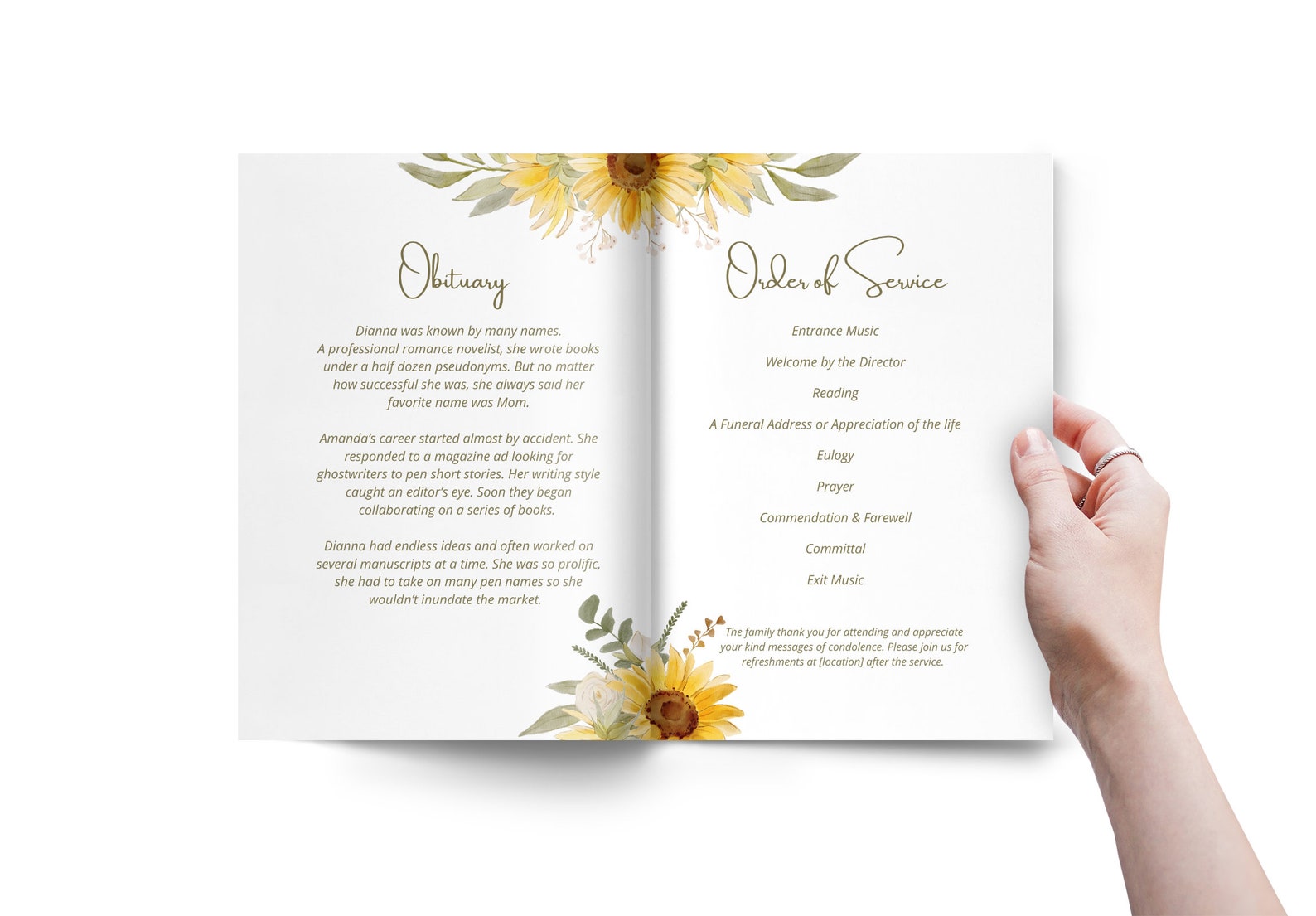 Editable Sunflower Funeral Program, Celebration of Life Order of ...