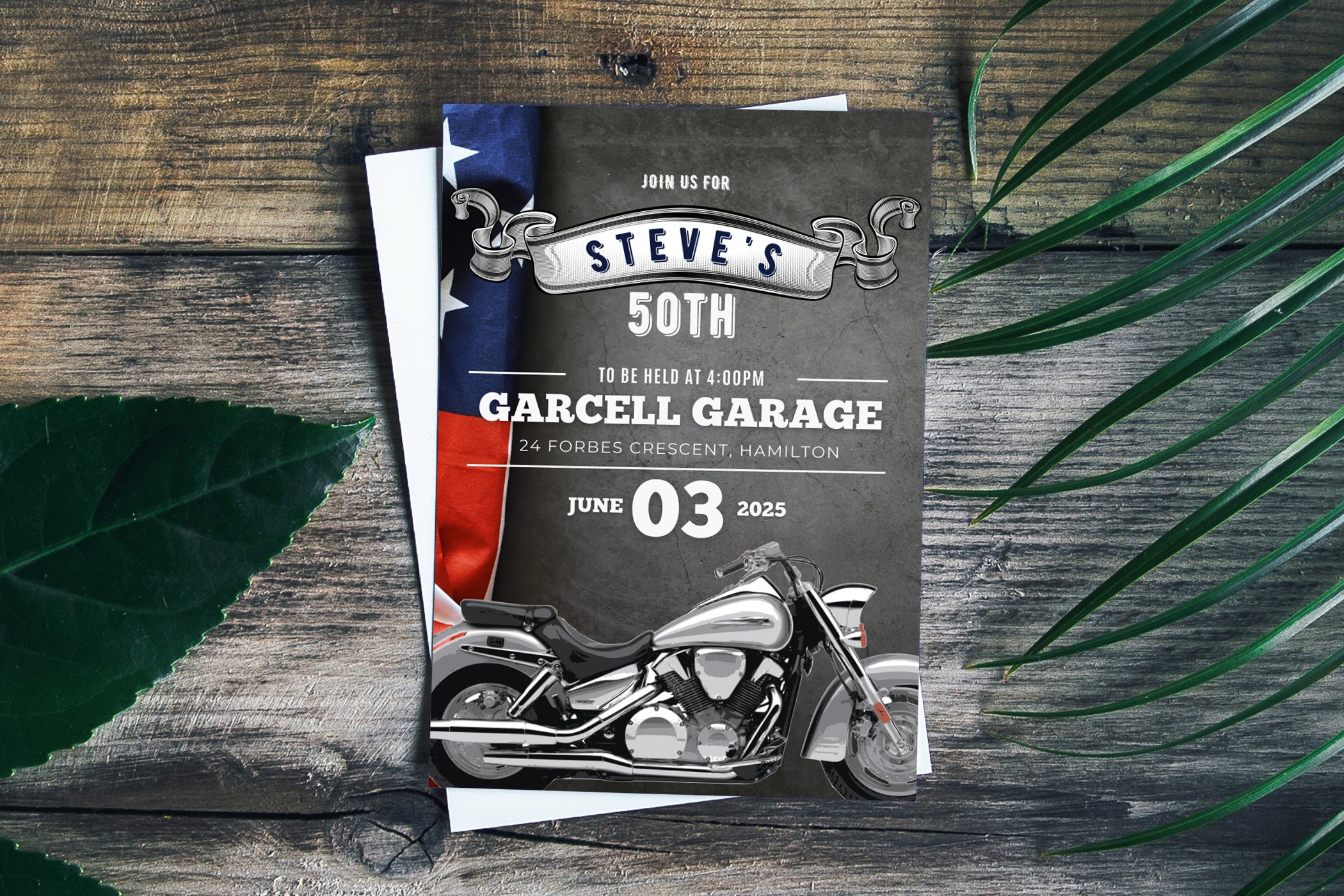 Motorcycle With American Flag Invite, Mens Motorcycle Birthday ...