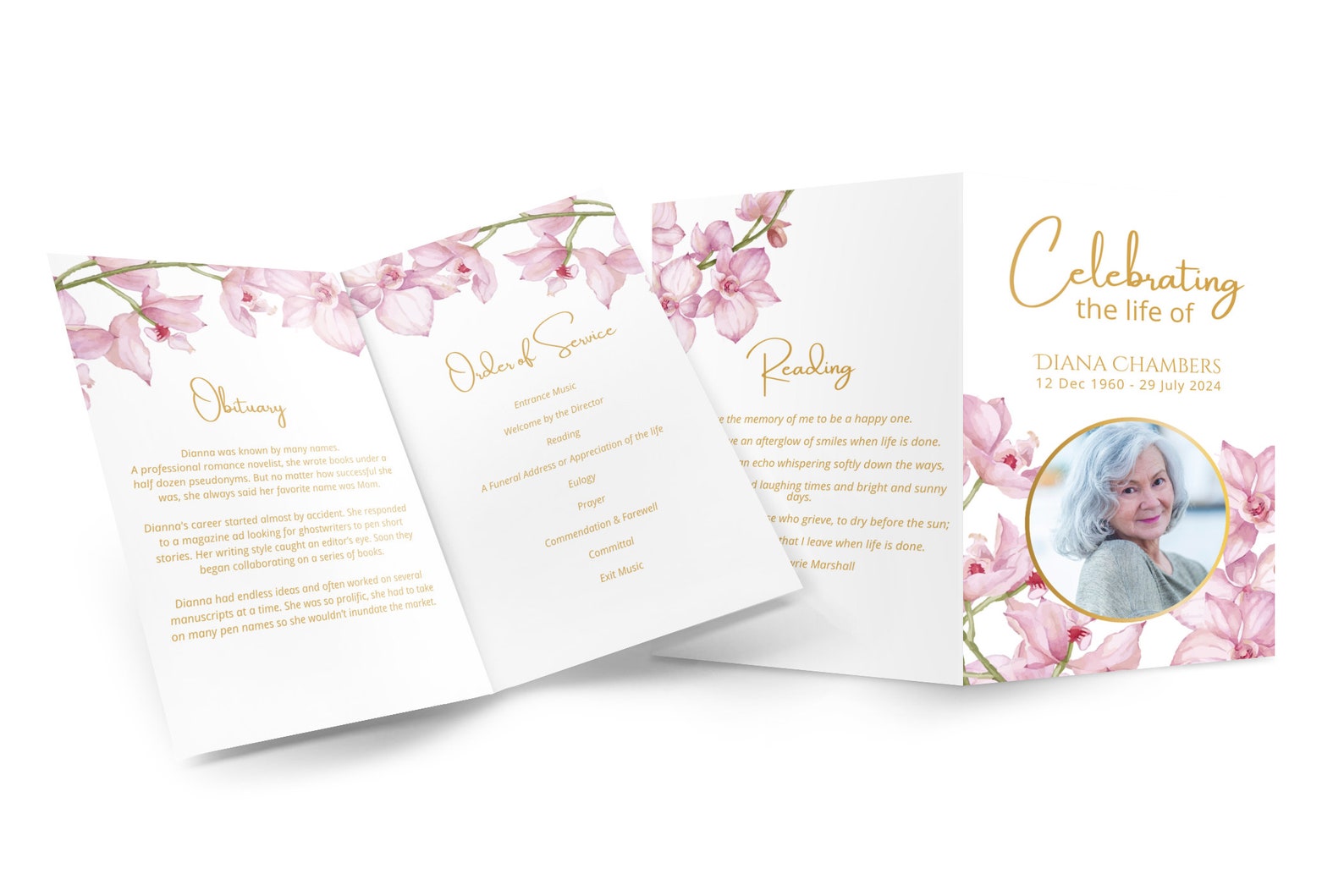 Orchid Funeral Program, Celebration of Life Order of Service, Pink ...