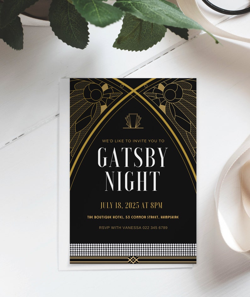 Printable Gatsby Invitation, Gold Black Art Deco Invite, Roaring 20s ...