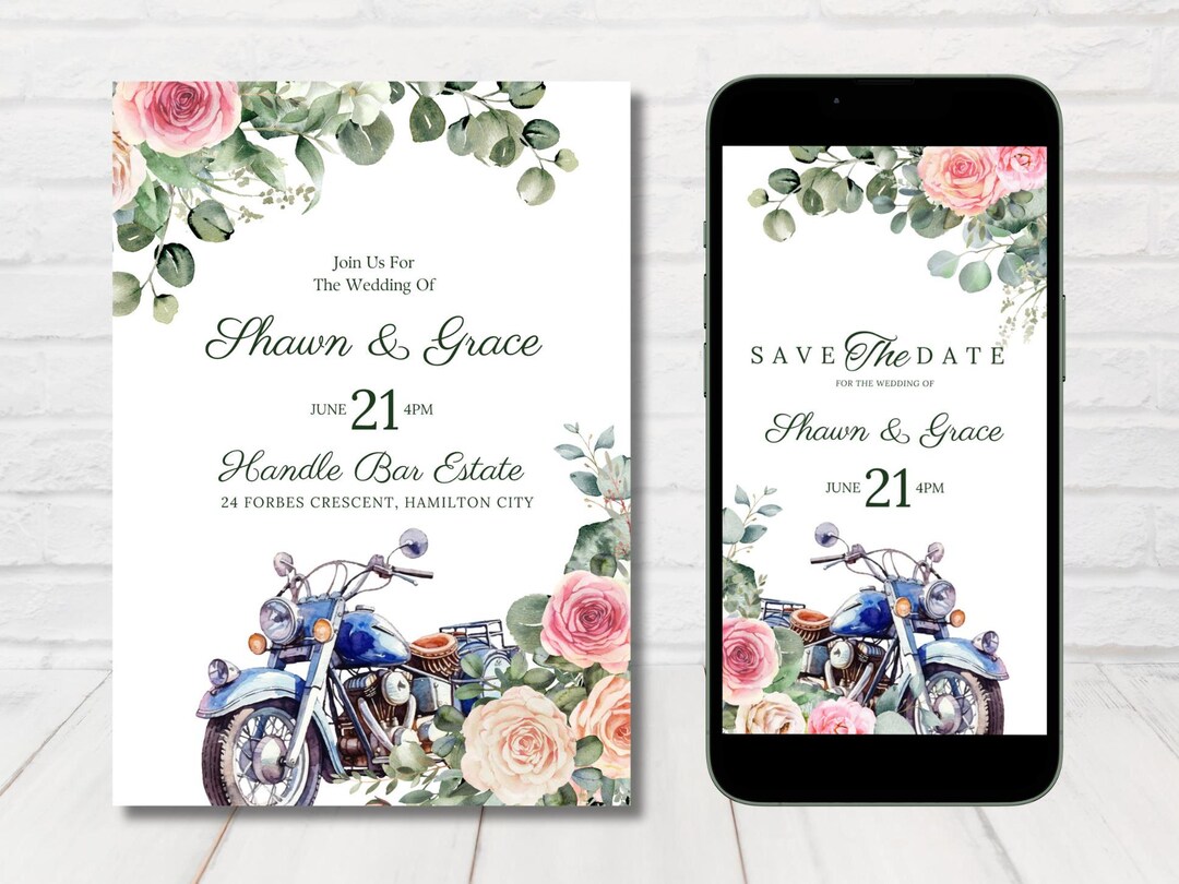 Rustic Motorcycle Wedding Invitation Set, Floral Motorbike Wedding ...