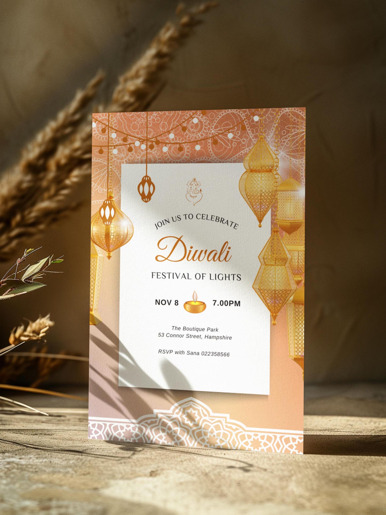 Printable Diwali Invitation Set, Orange Diwali Celebration Invite ...