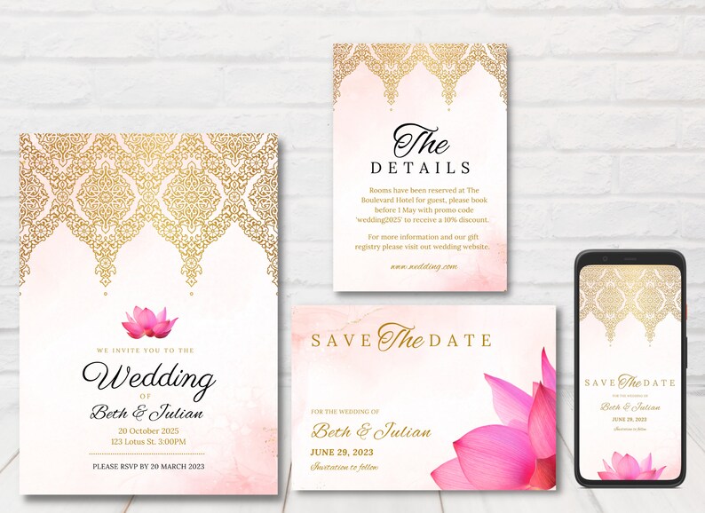 Pink Lotus Wedding Invitation Set, Printable Wedding Invitation Sets ...
