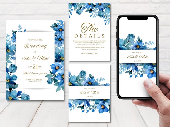 Invitaciones De Boda En Azul Real Para Imprimir Y Editar 10% Dto. En