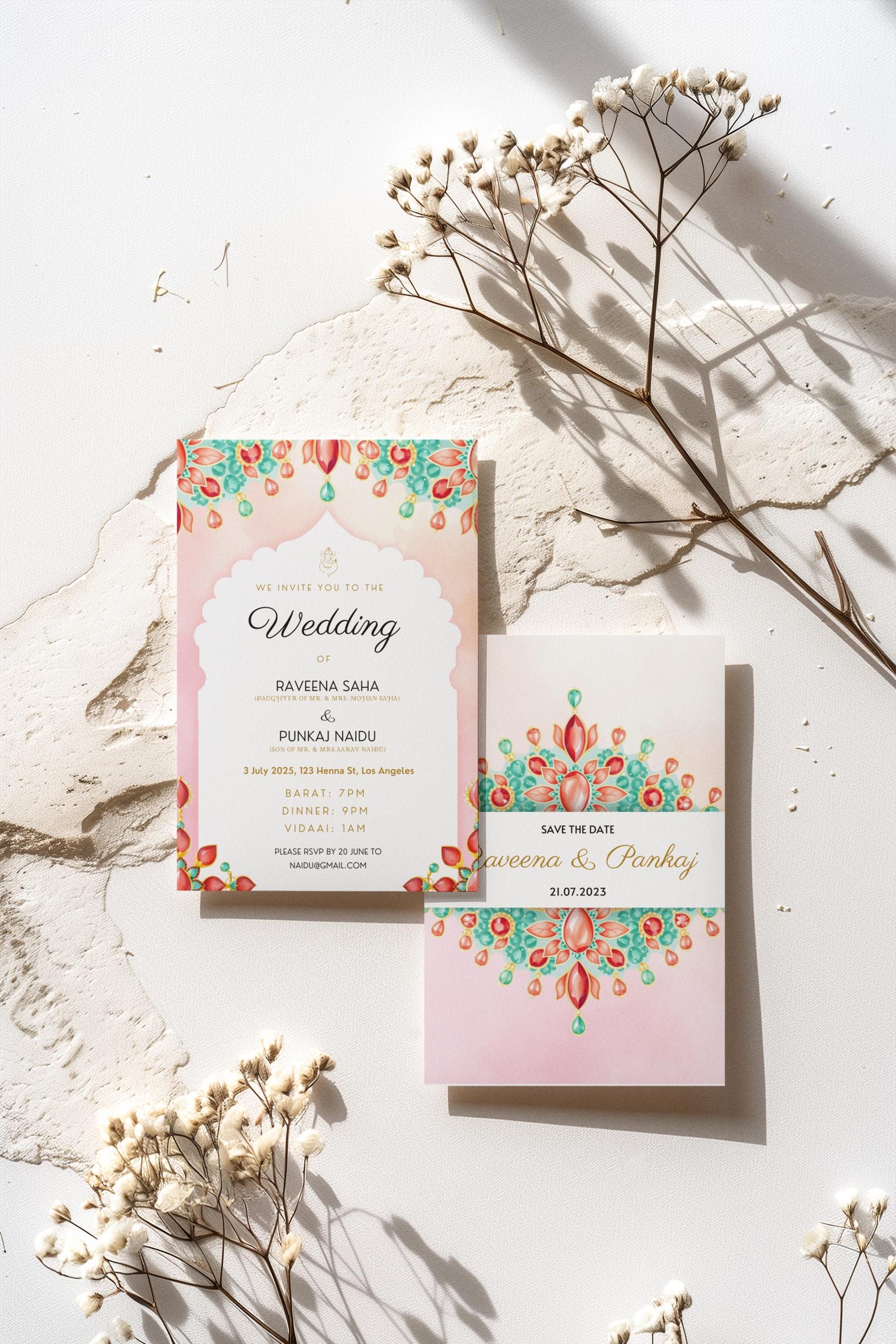Mint & Coral Indian Wedding Invitation Set, Coral Wedding Invite With ...