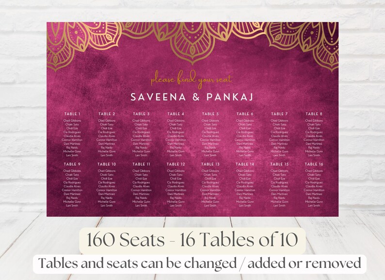 Magenta & Gold Indian Wedding Seating Chart, Hindu Seating Plan ...