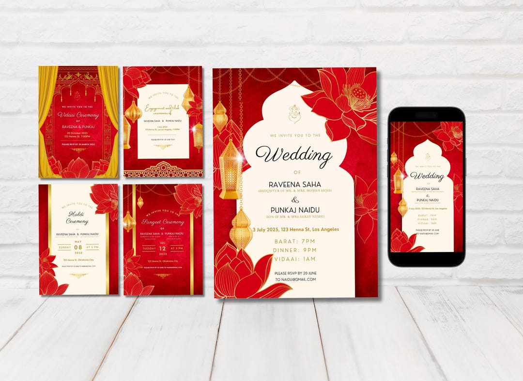 Red and Gold Indian Wedding Invitation Sets, Hindu Wedding Invites ...