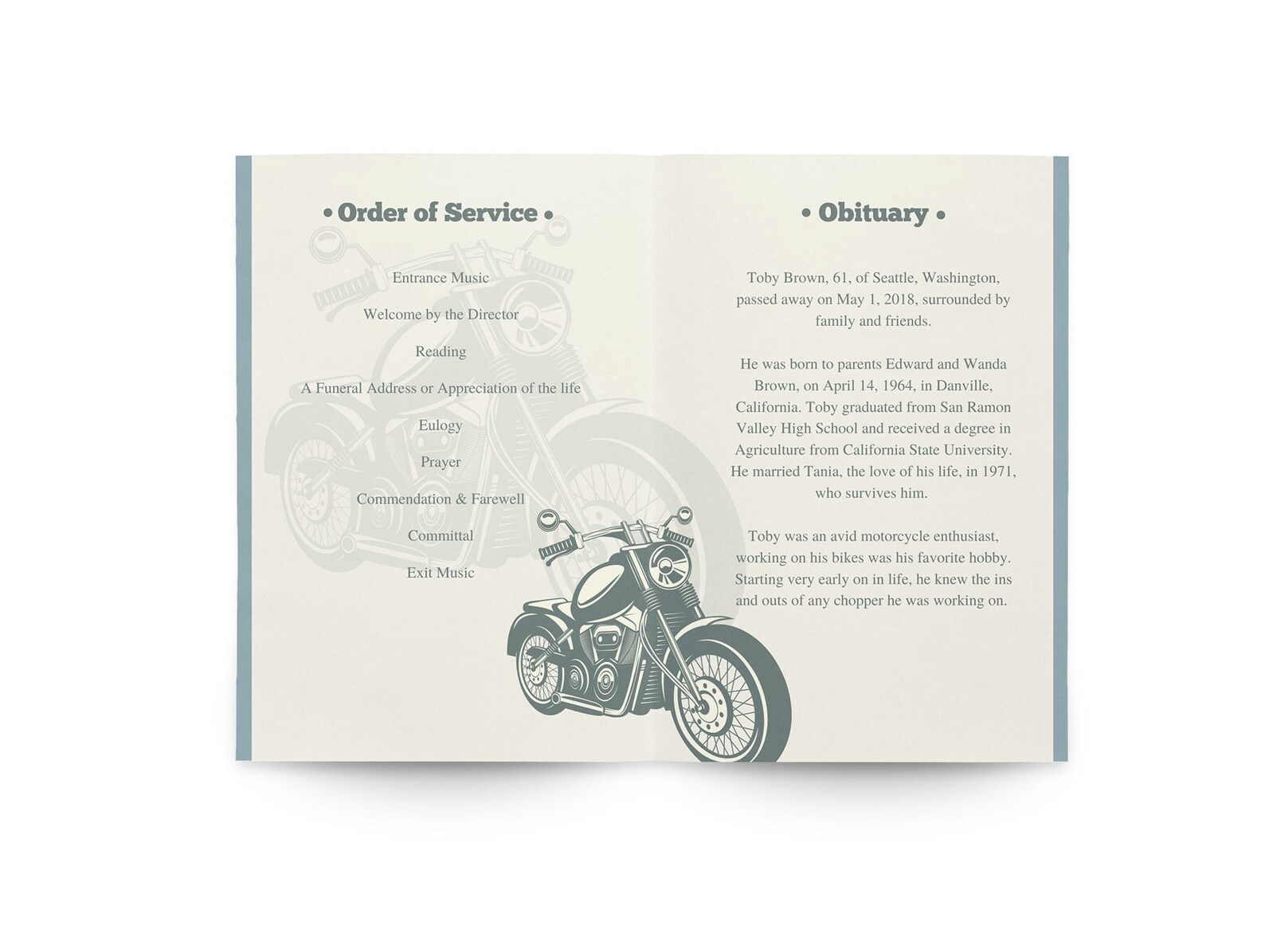 Motorcycle Funeral Program, Celebration of Life Order of Service for ...