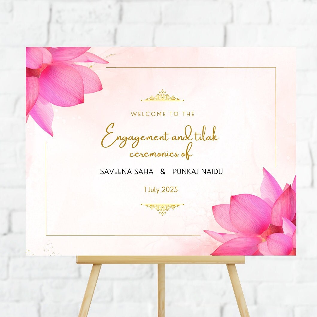 Pink Lotus Wedding Welcome Signs Set of 4, Indian Wedding Signs, Pink ...