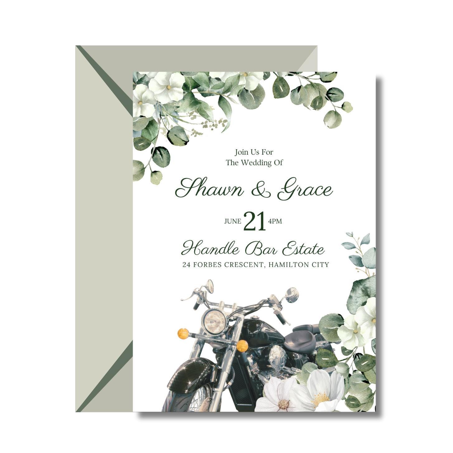 Printable Motorcycle Wedding Invitation, Floral Motorbike Wedding ...