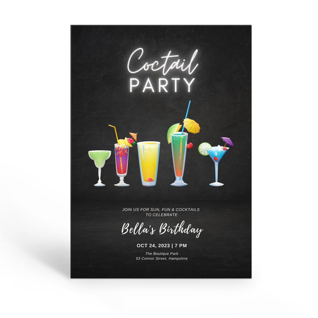 Printable Cocktail Party Invitations, Neon Drinks Party Invitation ...
