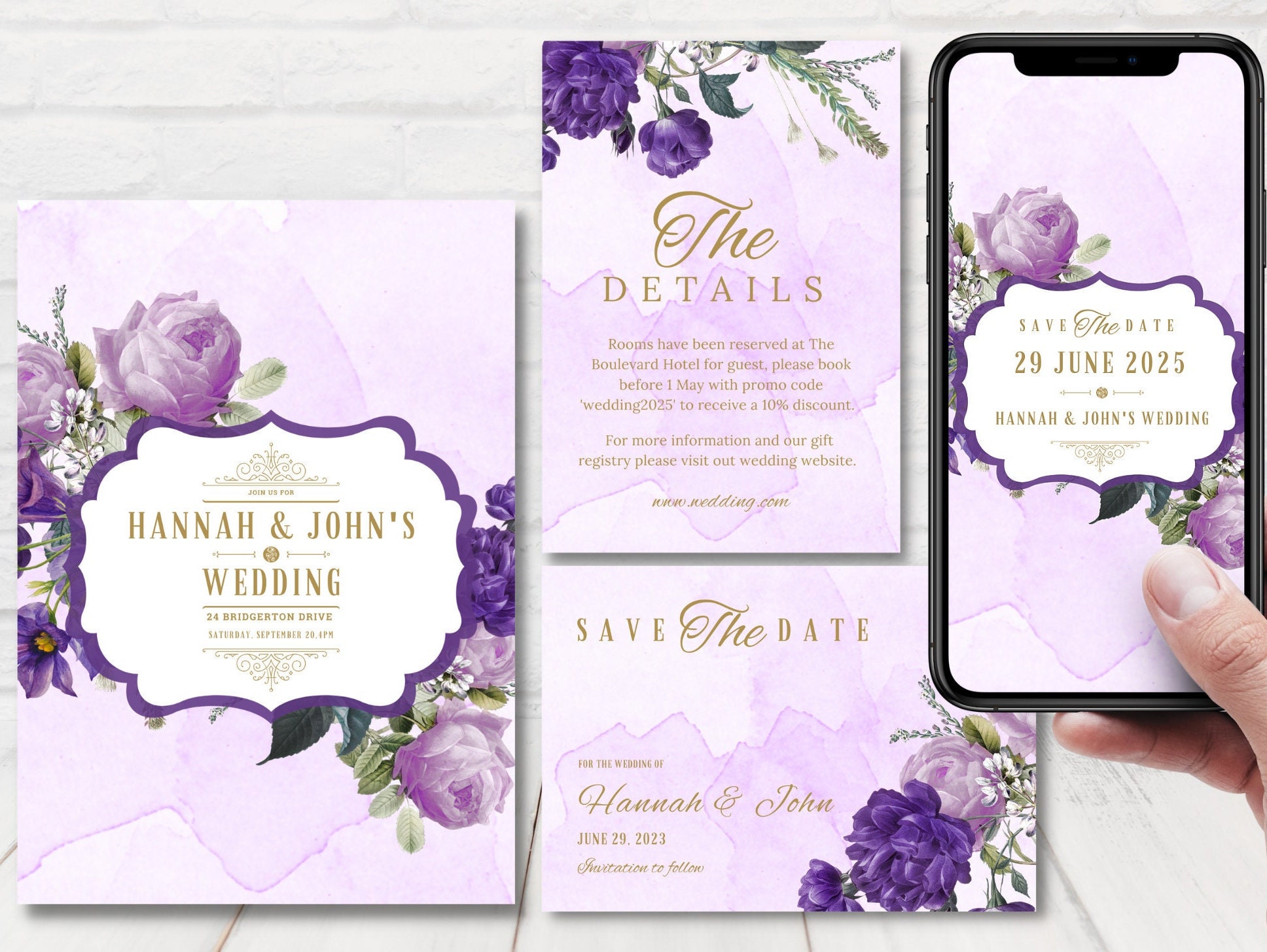 Purple and Gold Wedding Invitation Set, Purple Wedding Invitations ...