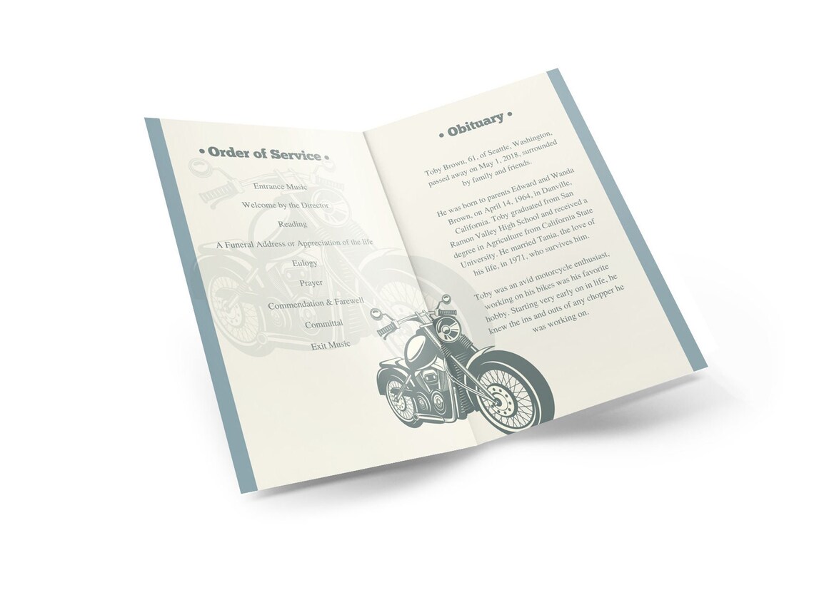 Motorcycle Funeral Program, Celebration of Life Order of Service for ...