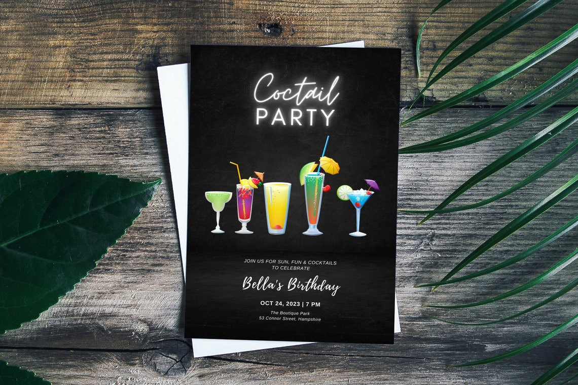 Printable Cocktail Party Invitations, Neon Drinks Party Invitation ...