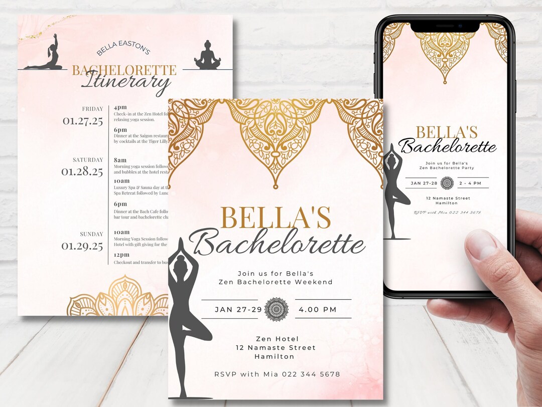 Yoga Weekend Bachelorette Invitation, Pink & Gold Yoga Bachelorette ...