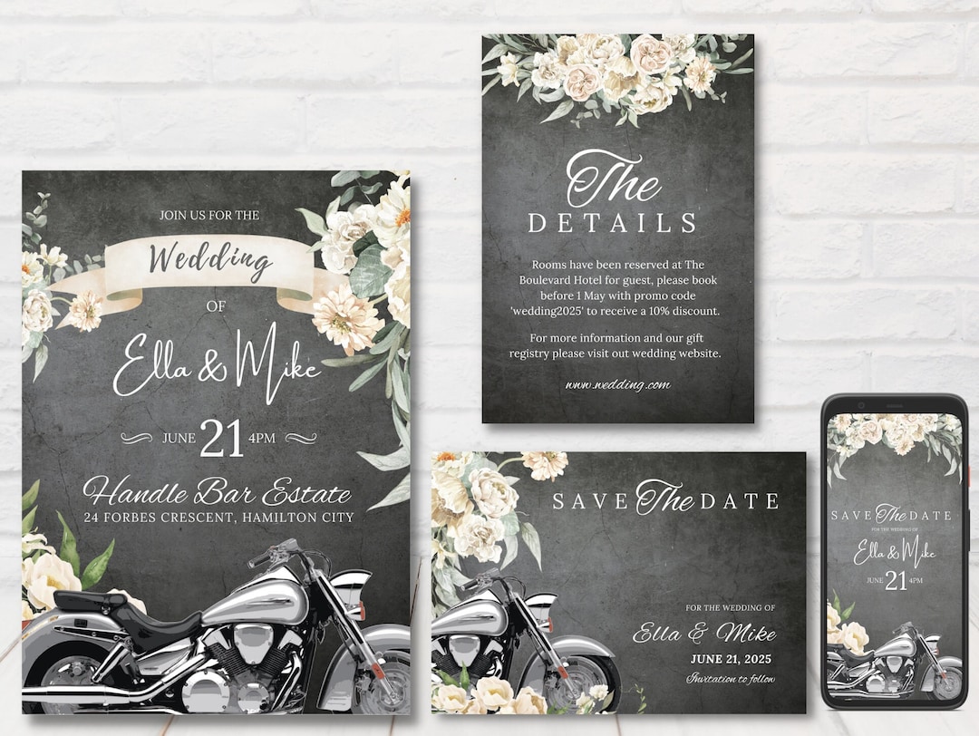 Motorcycle Wedding Invitation Set, Printable Motorbike Wedding ...