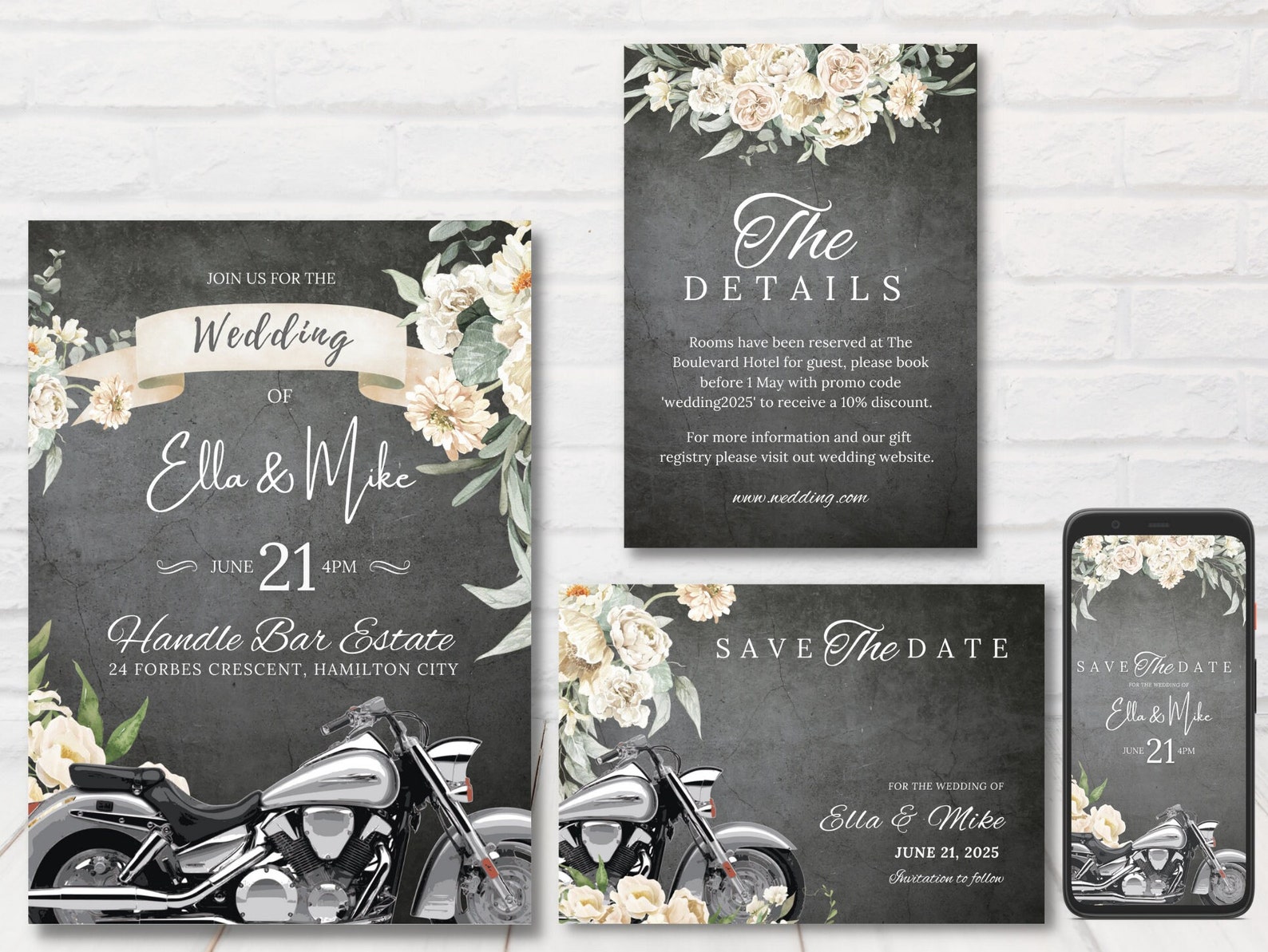 Motorcycle Wedding Invitation Set, Printable Motorbike Wedding ...