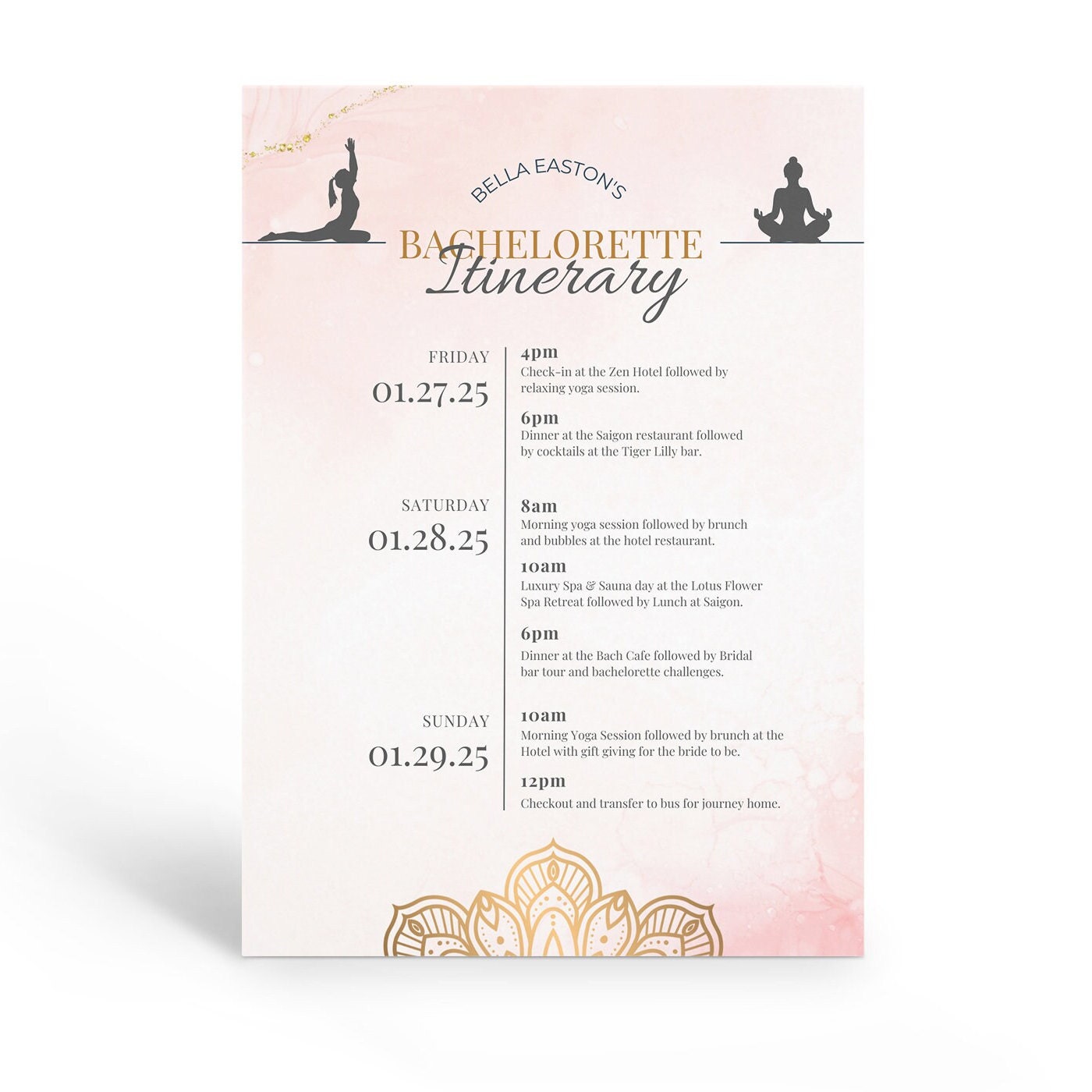Yoga Weekend Bachelorette Invitation, Pink & Gold Yoga Bachelorette ...