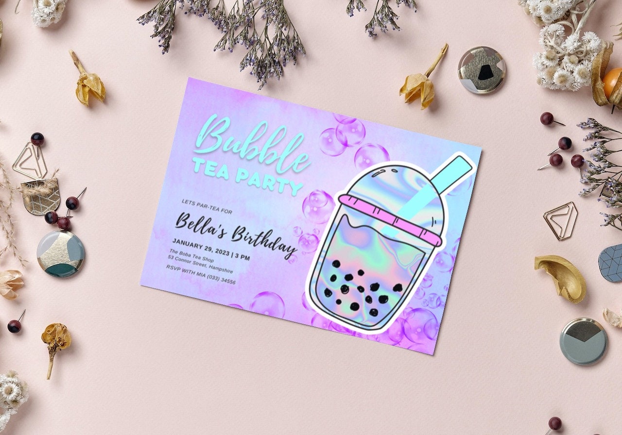 Bright Bubble Tea Party Invitation, Boba Birthday Invitations, Bubble ...