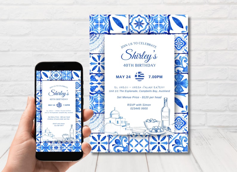 Elegant Greek Themed Invitation, Editable Santorini Invite, Greece ...
