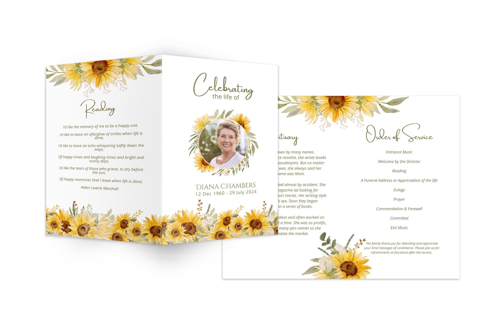 Editable Sunflower Funeral Program, Celebration of Life Order of ...