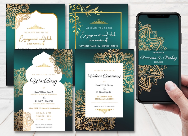 Green Indian Wedding Invitation Sets, Hindu Wedding Invites, Elegant ...