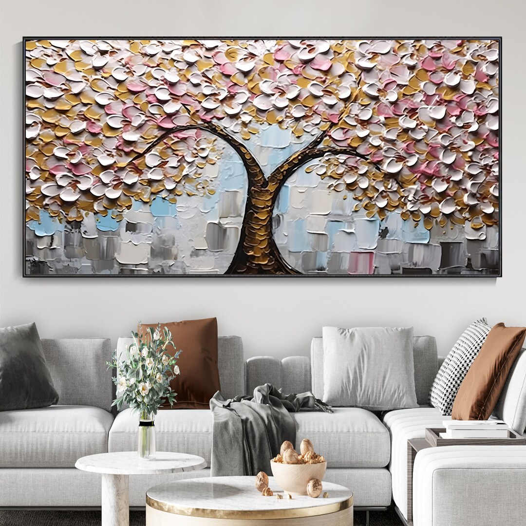 100% Hand Painted Tree Plant Canvas Art, Pink Tree Wall Decor Painting ...